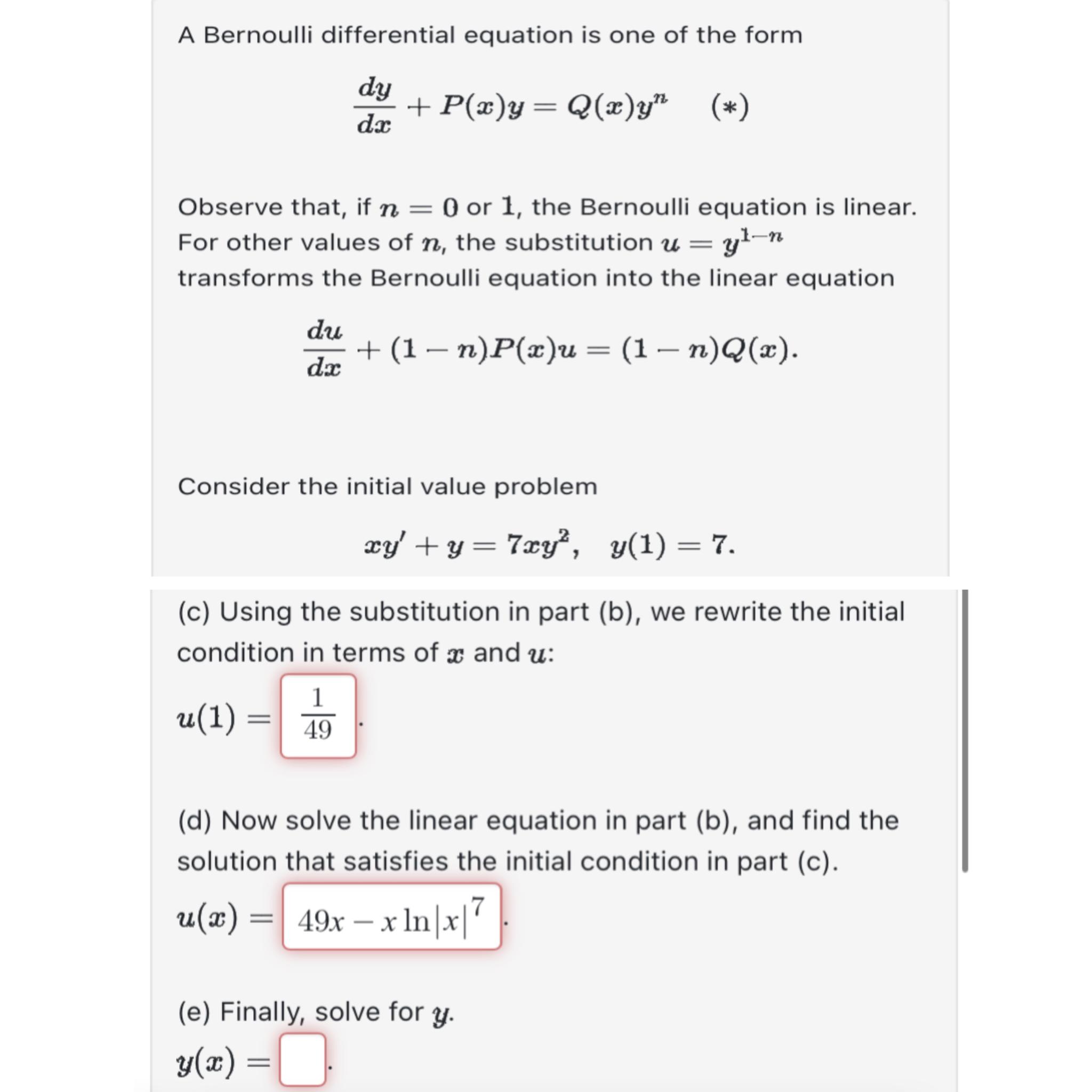 Solved A Bernoulli differential equation is one of the | Chegg.com