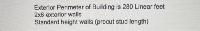Solved Exterior Perimeter of Building is 280 Linear feet 2×6 | Chegg.com