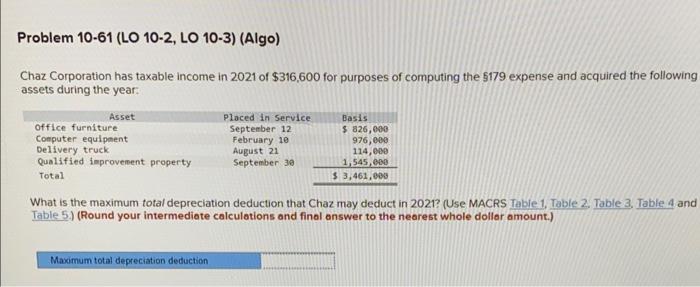 Solved Problem 10-61 (LO 10-2, LO 10-3) (Algo) Chaz | Chegg.com Solved Problem 10-61 (LO 10-2, LO 10-3) (Algo) Chaz | Chegg.com