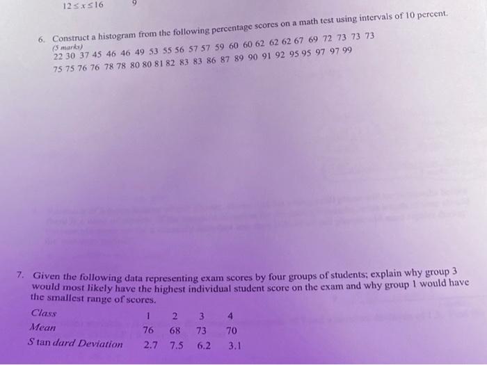 Solved 6. Construct a histogram from the following | Chegg.com