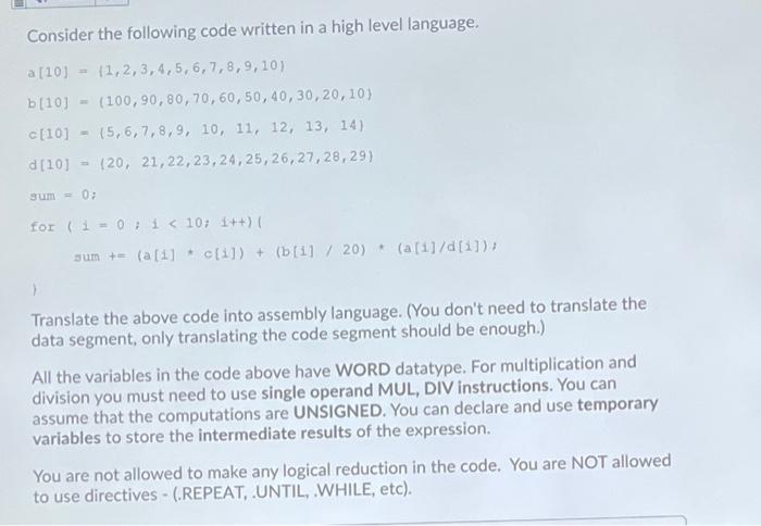 Solved Consider the following code written in a high level | Chegg.com
