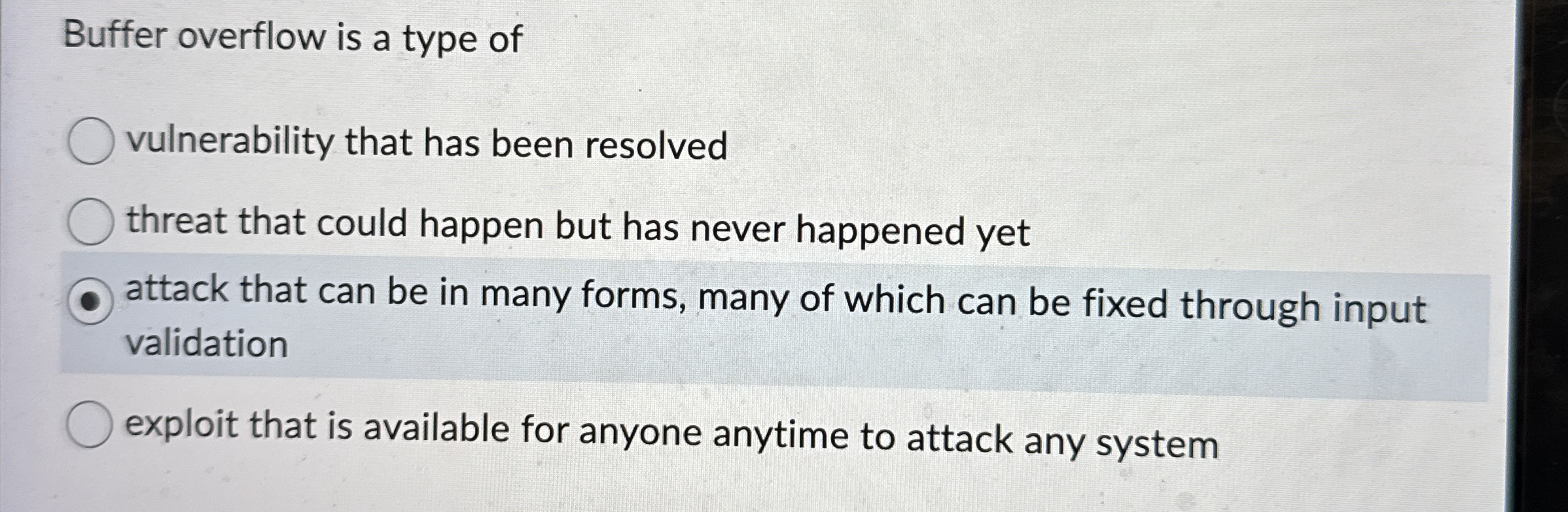 Solved Buffer overflow is a type ofvulnerability that has | Chegg.com