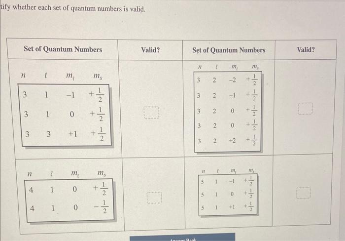 Solved tify whether each set of quantum numbers is valid. | Chegg.com