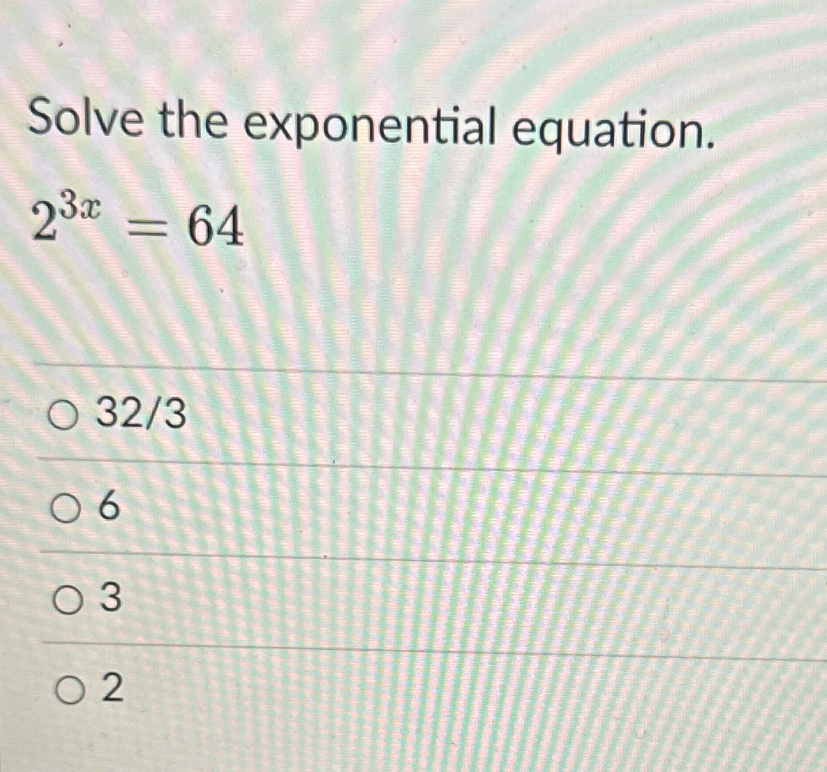 Solved Solve the exponential equation.23x=64323632 | Chegg.com