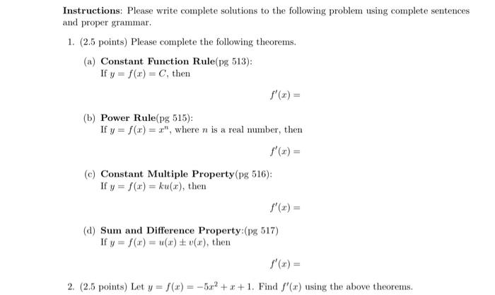 Solved Instructions: Please write complete solutions to the | Chegg.com