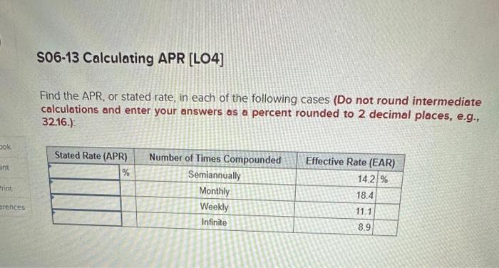 Solved bok int Print erences S06-13 Calculating APR [LO4] | Chegg.com