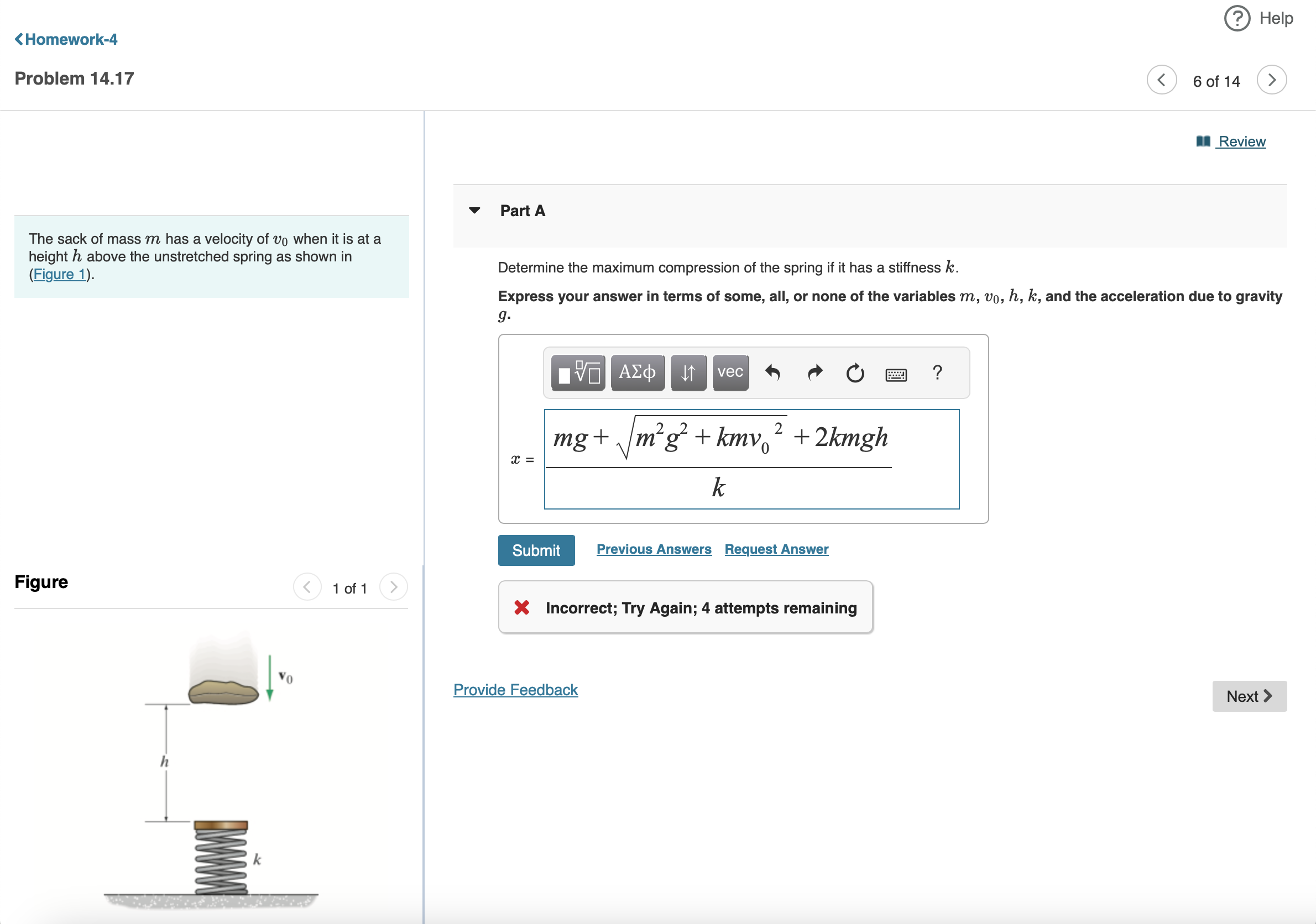 Solved The sack of ﻿mass m ﻿has a velocity of v0 ﻿when | Chegg.com