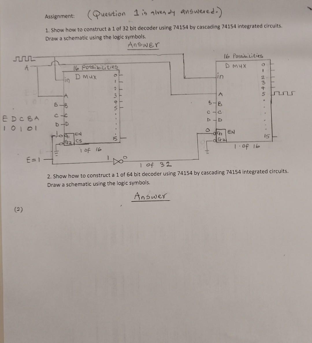 Solved 1. Show how to construct a 1 of 32 bit decoder using | Chegg.com