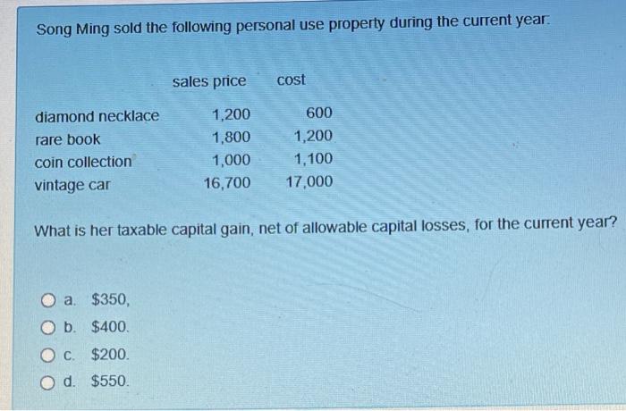 Solved Song Ming sold the following personal use property | Chegg.com