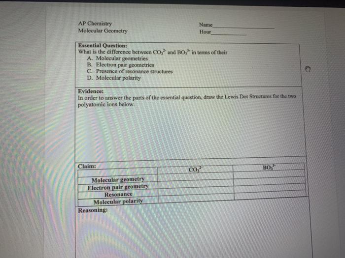 Solved AP Chemistry Molecular Geometry Name Hour Essential | Chegg.com