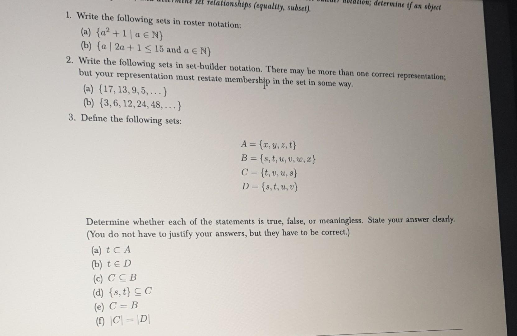 Solved 1. Write the following sets in roster notation: (a) | Chegg.com
