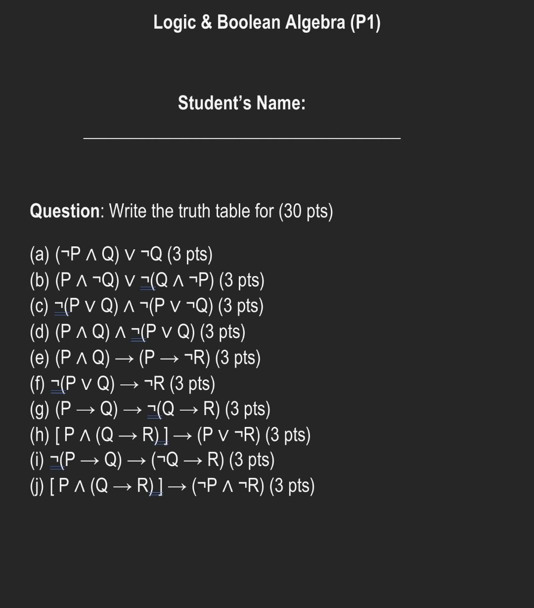 Solved Logic \& Boolean Algebra (P1) Student's Name: | Chegg.com