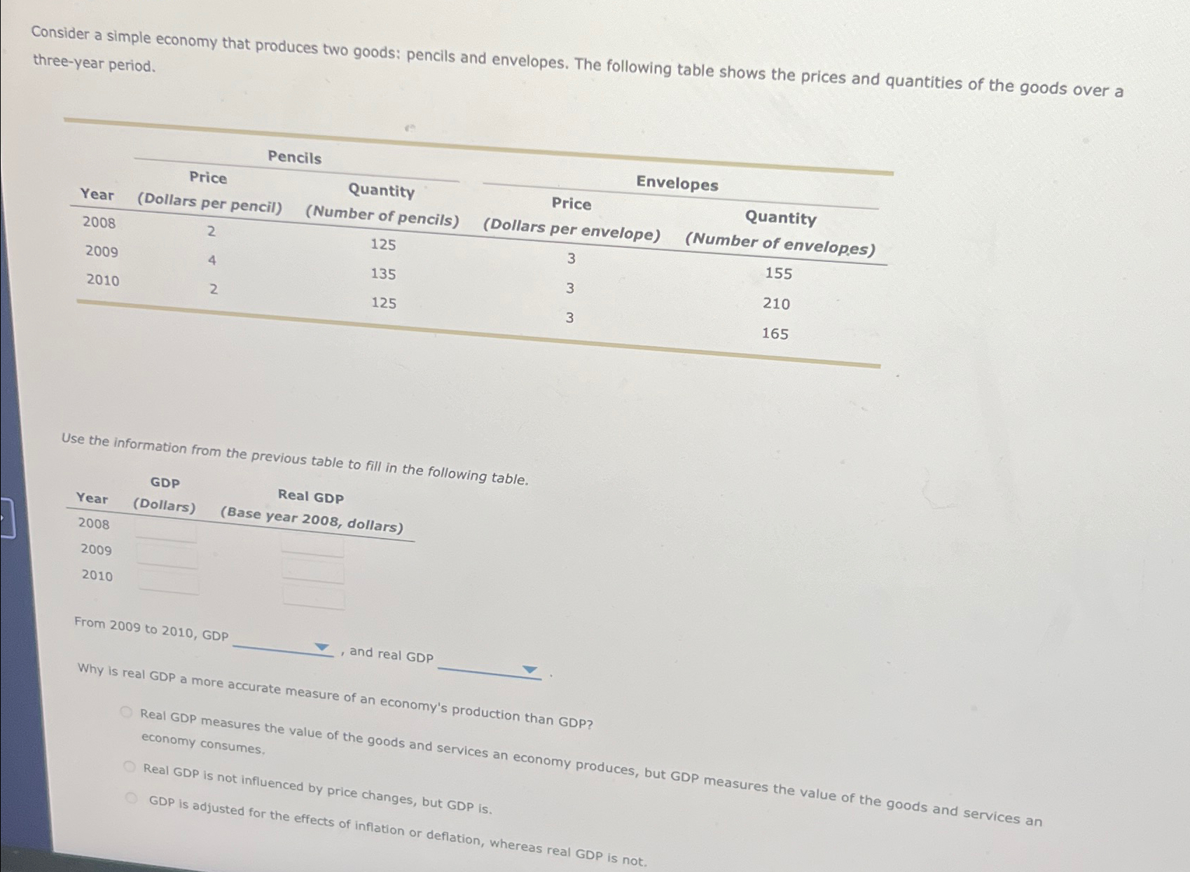 Solved Consider a simple economy that produces two goods; | Chegg.com