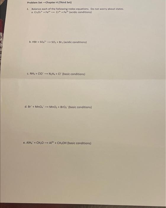 Solved 1. Balance each of the following redox equations. Do | Chegg.com