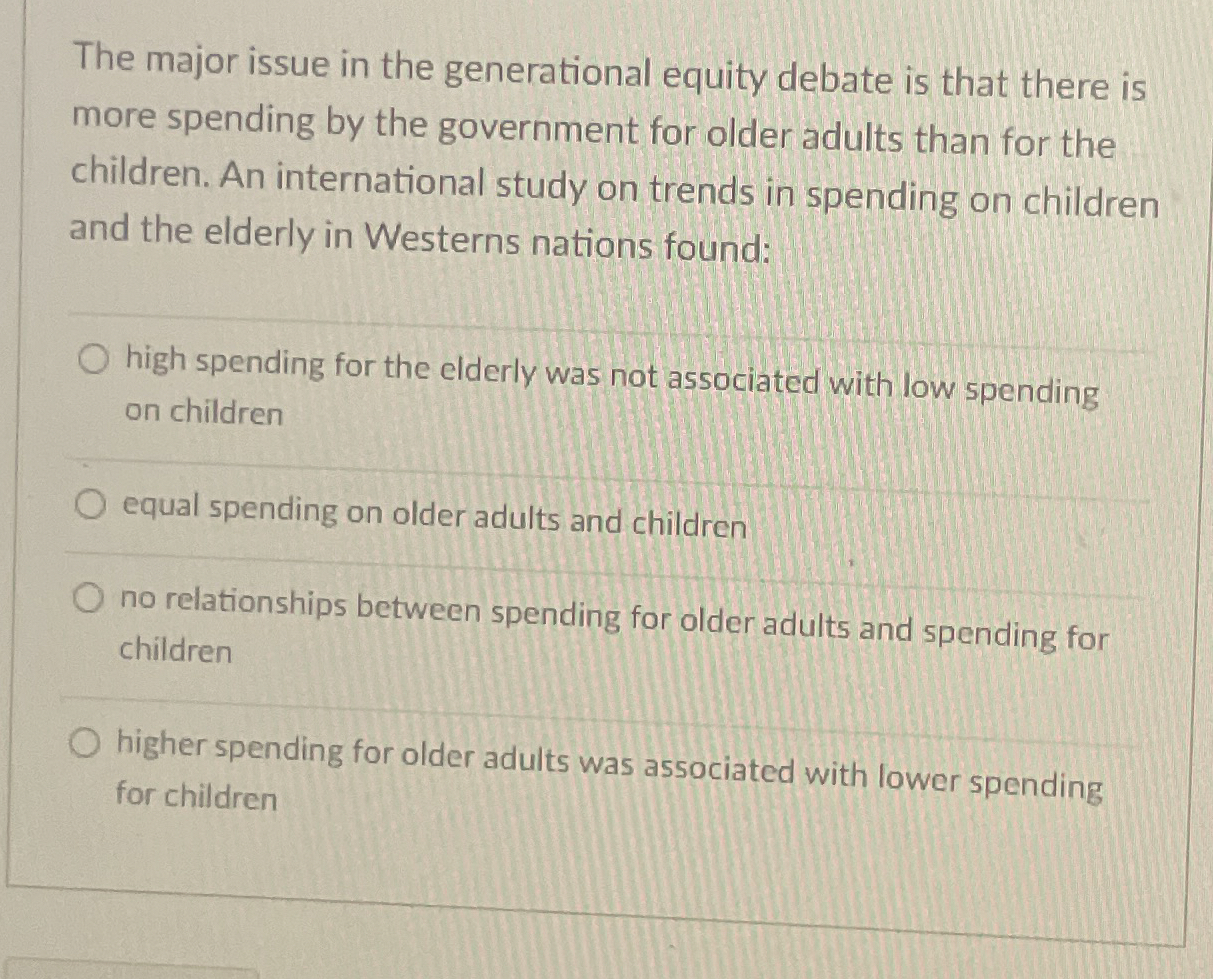 Solved The major issue in the generational equity debate is | Chegg.com