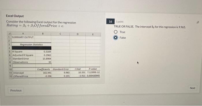 Solved Excel Output Consider the following Excel output for | Chegg.com