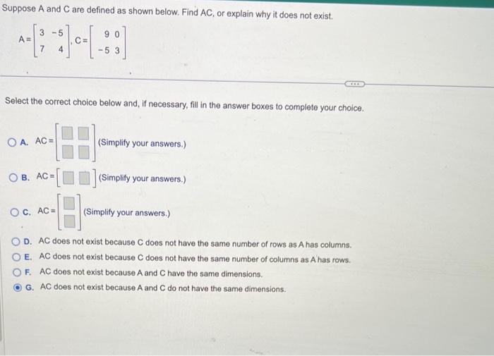 Solved Suppose A and C are defined as shown below. Find AC, | Chegg.com