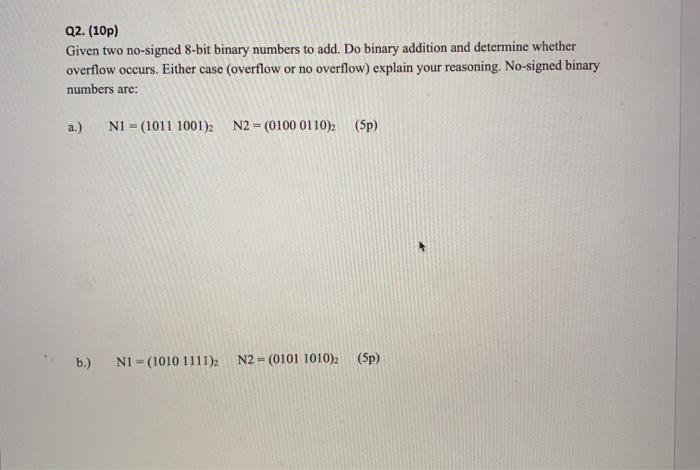 Solved Q2. (10p) Given two no-signed 8-bit binary numbers to | Chegg.com