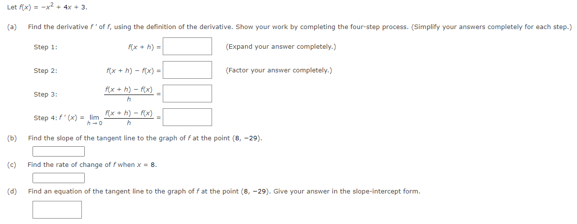 Solved Let f(x)=-x2+4x+3(a) ﻿Find the derivative f' ﻿of f, | Chegg.com