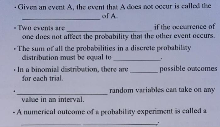 Solved . Given an event A, the event that A does not occur | Chegg.com