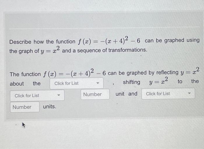 Solved Describe how the function f(x) = -(x+4)2 - 6 can be | Chegg.com