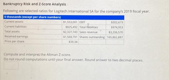Solved Bankruptcy Risk and Z-Score Analysis Following are | Chegg.com