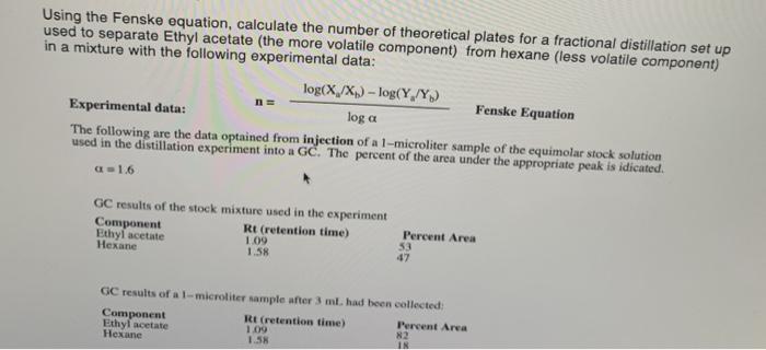 Solved Using the Fenske equation, calculate the number of | Chegg.com