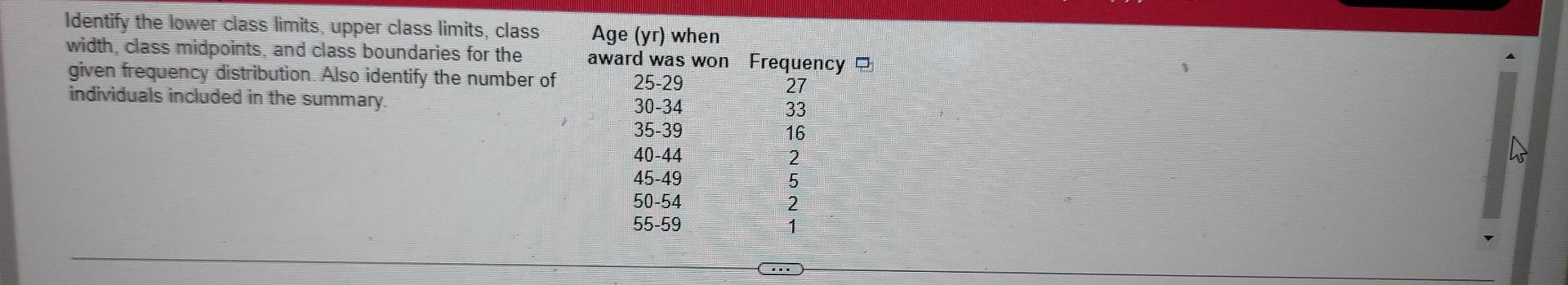 Solved Identify the lower class limits, upper class limits, | Chegg.com