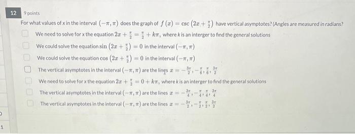 Solved For what values of x in the interval (−π,π) does the | Chegg.com