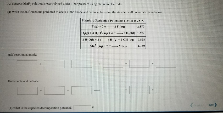 Solved An aqueous MnF2 solution is electrolyzed under 1 bar | Chegg.com