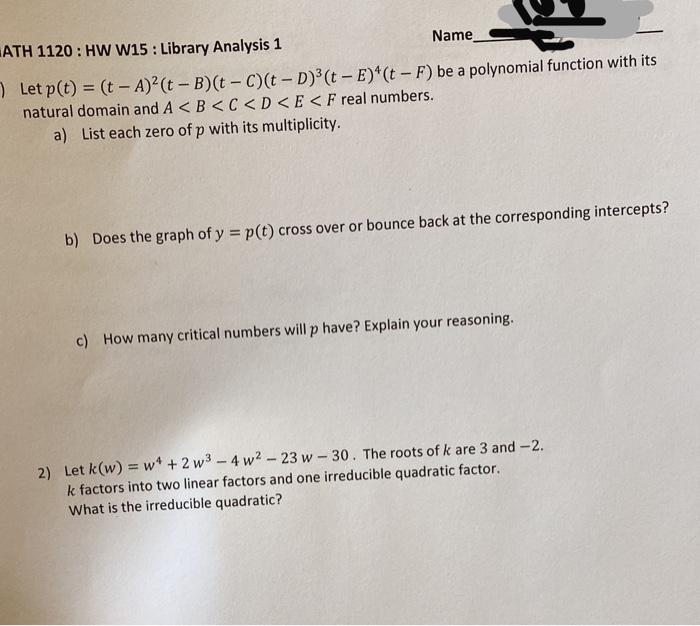 Solved Name ATH 1120: HW W15: Library Analysis 1 Let p(t) = | Chegg.com