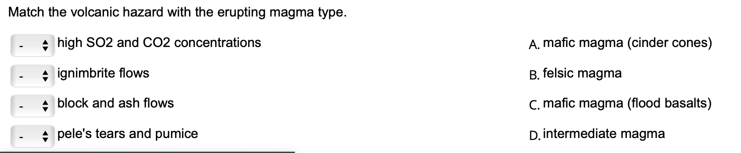 Solved Match the volcanic hazard with the erupting magma | Chegg.com