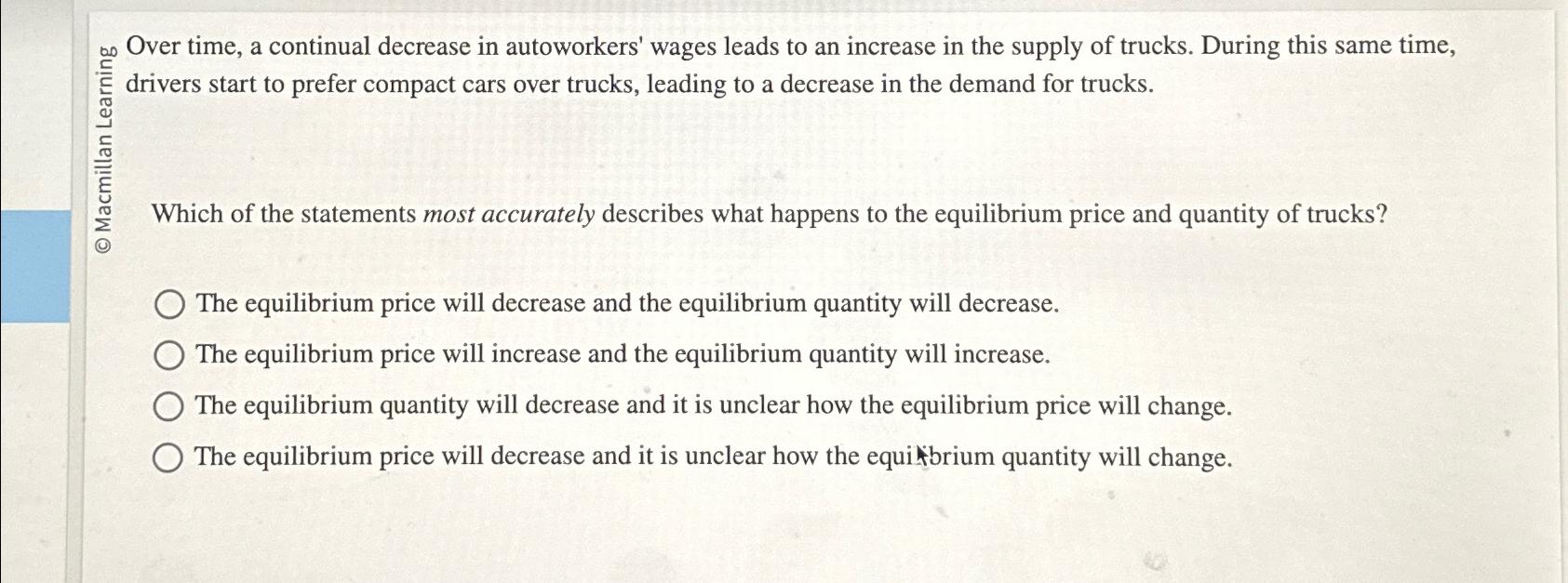 Solved ?0 ﻿Over time, a continual decrease in autoworkers' | Chegg.com