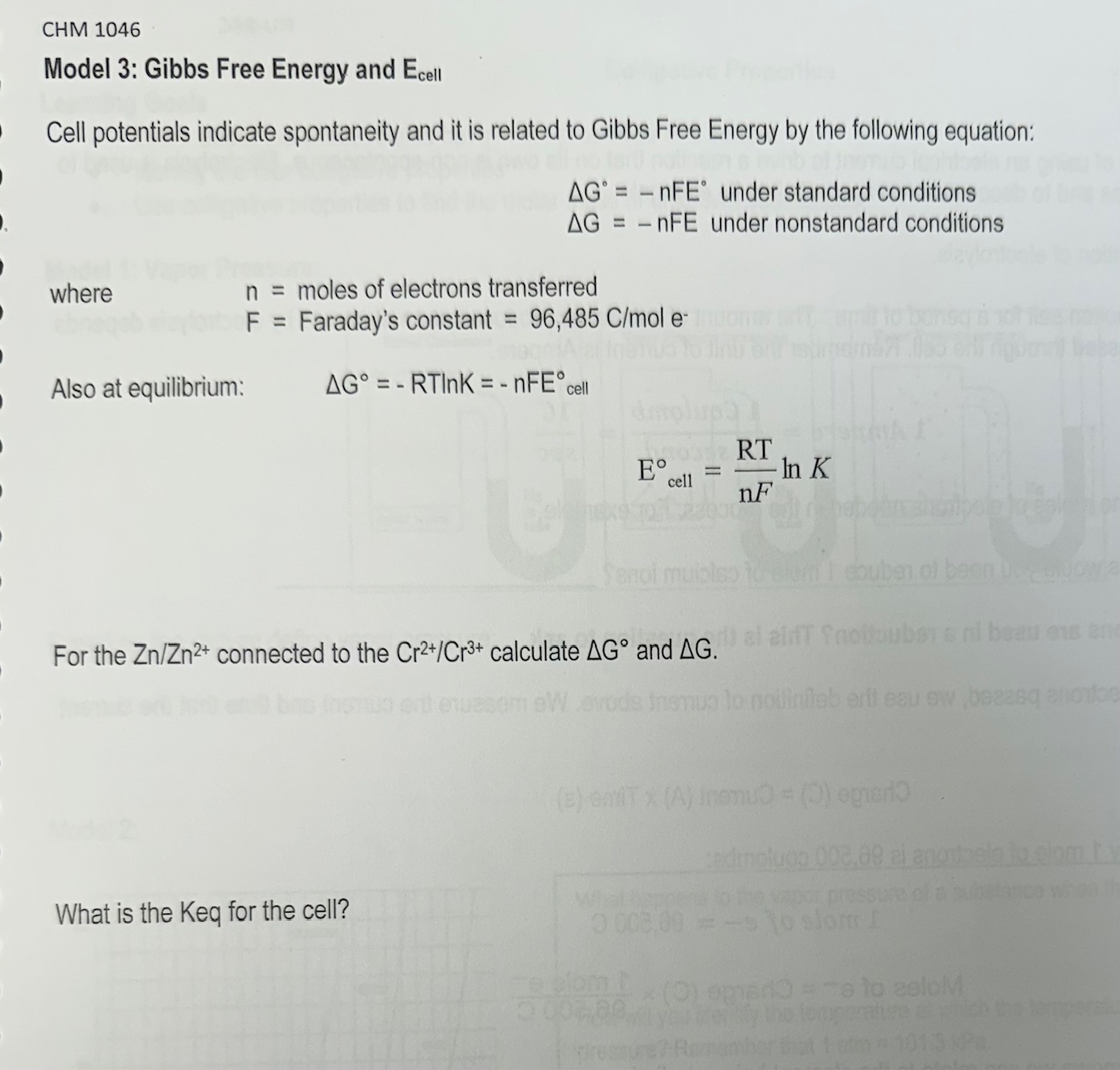 Solved CHM 1046Model 3: Gibbs Free Energy and Ecell Cell | Chegg.com