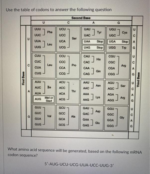 Solved Use the table of codons to answer the following | Chegg.com