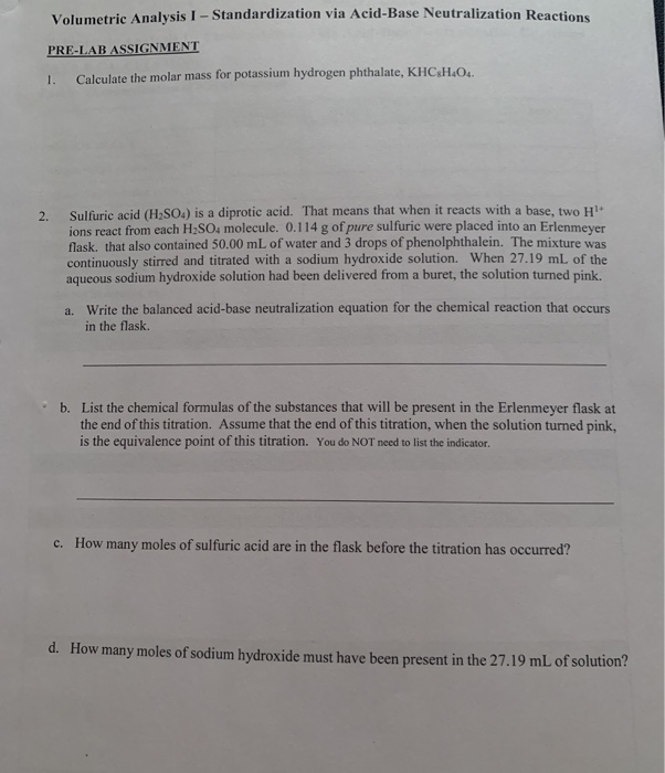 Solved Volumetric Analysis I - Standardization via Acid-Base | Chegg.com