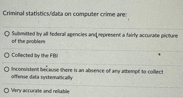 Solved Criminal statistics/data on computer crime are: | Chegg.com