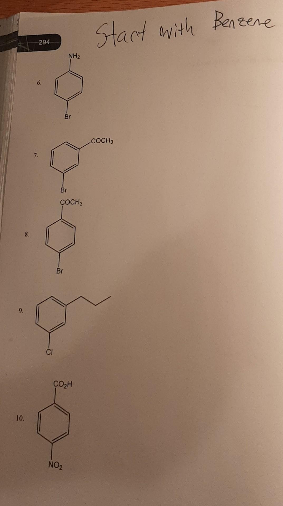 Solved Stact with Benzene 294 NH2 6. Br COCH3 7. Br COCH3 8. | Chegg.com