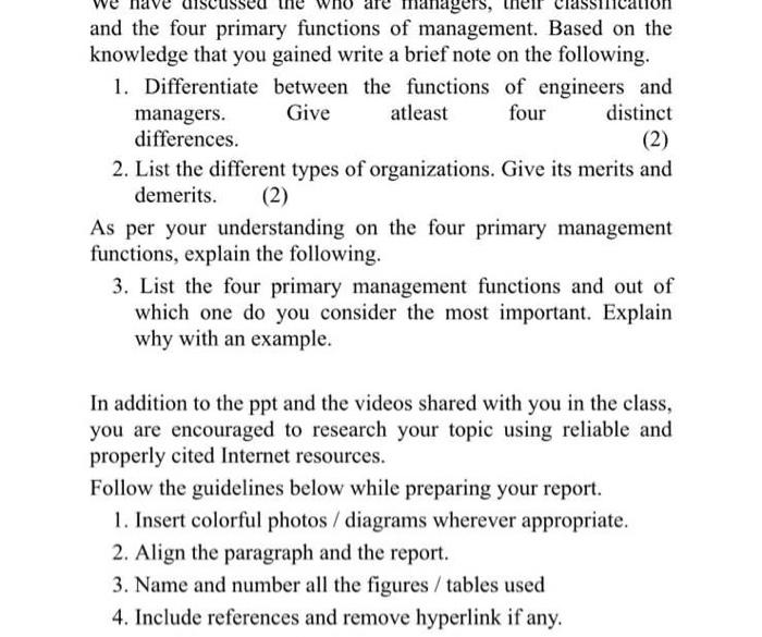 Solved And The Four Primary Functions Of Management Based