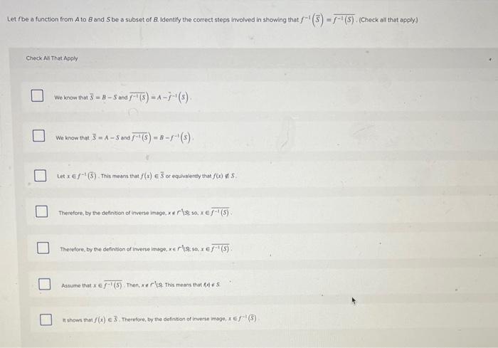 Solved Let f be a function from A to B and S be s subset of | Chegg.com