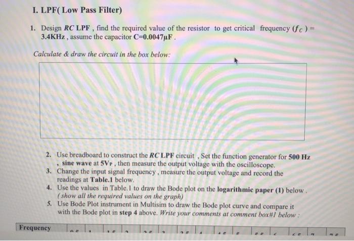 Solved I. LPF( Low Pass Filter) 1. Design RC LPF, find the | Chegg.com