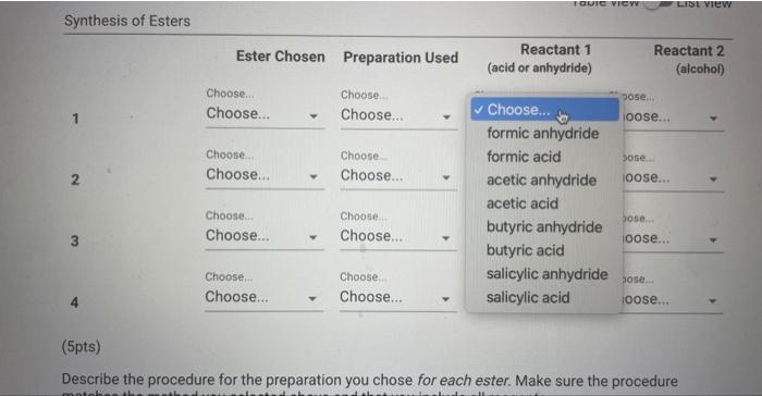Solved Choose four of the esters listed in Table E,1 in the | Chegg.com