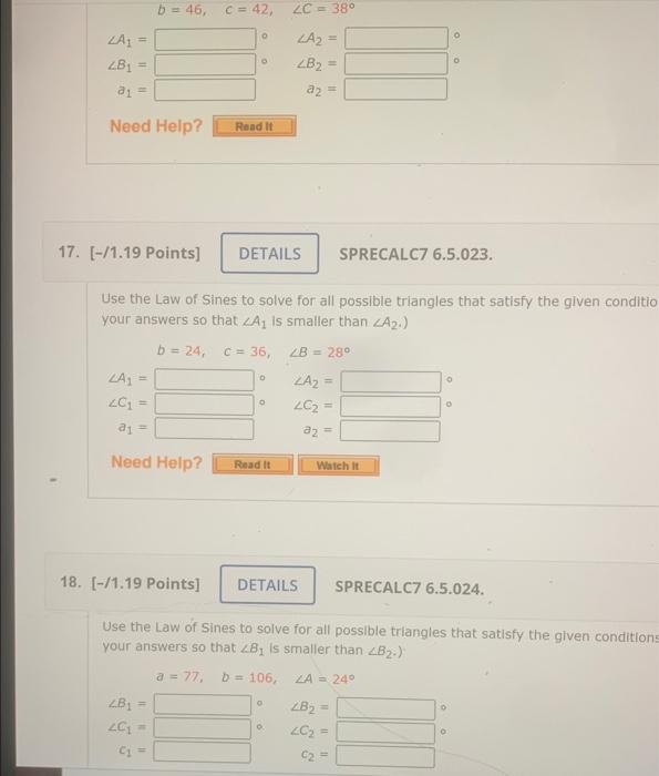 Solved b=46,c=42,∠C=38∘ ∠A1∠B1=a1==00∠B2=a2=∠A2= [-/1.19 | Chegg.com