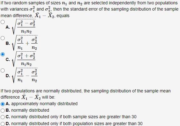 Solved If two random samples of sizes n1 and n2 are selected | Chegg.com