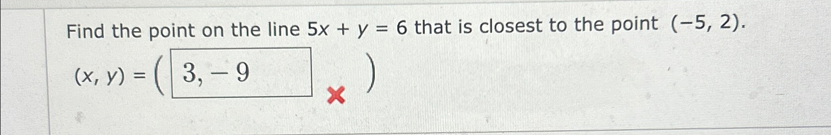 Solved Find the point on the line 5x+y=6 ﻿that is closest to | Chegg.com