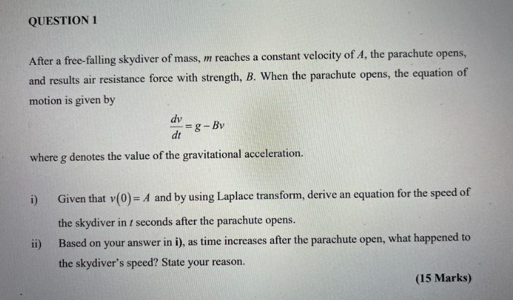 Solved help QUESTION 1After a free-falling skydiver of mass, | Chegg.com