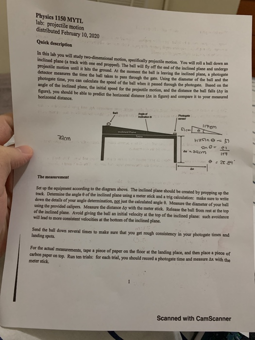 Physics 1150 MYTL lab: projectile motion distributed | Chegg.com