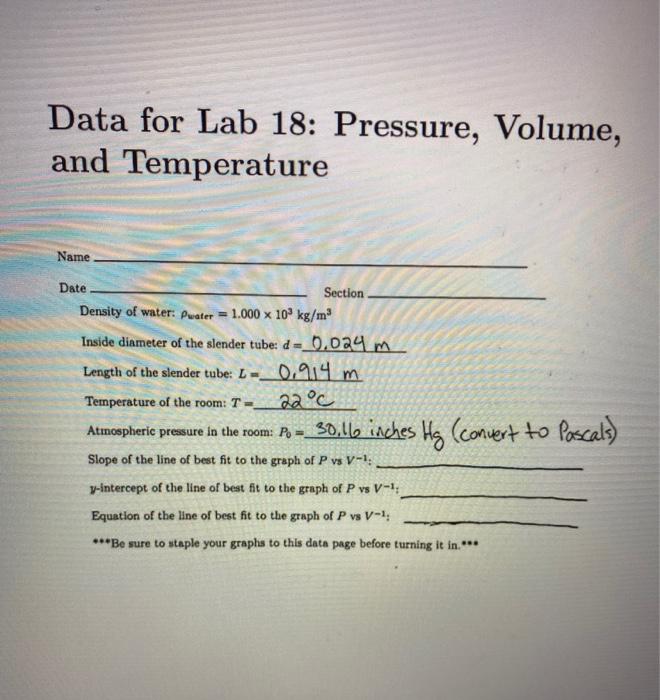 Solved Data for Lab 18: Pressure, Volume, and Temperature | Chegg.com