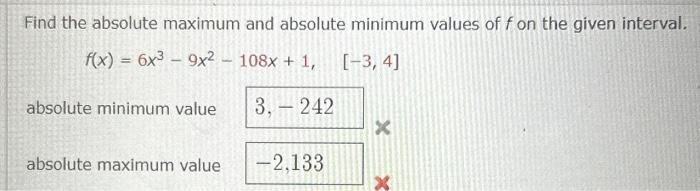 Solved Find the absolute maximum and absolute minimum values | Chegg.com