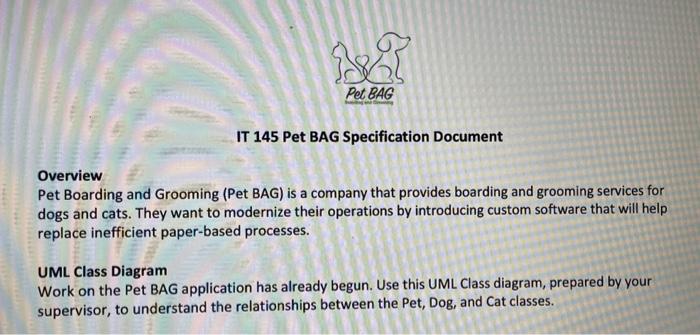 Solved IT 145 Pet BAG Specification Document Overview Pet | Chegg.com